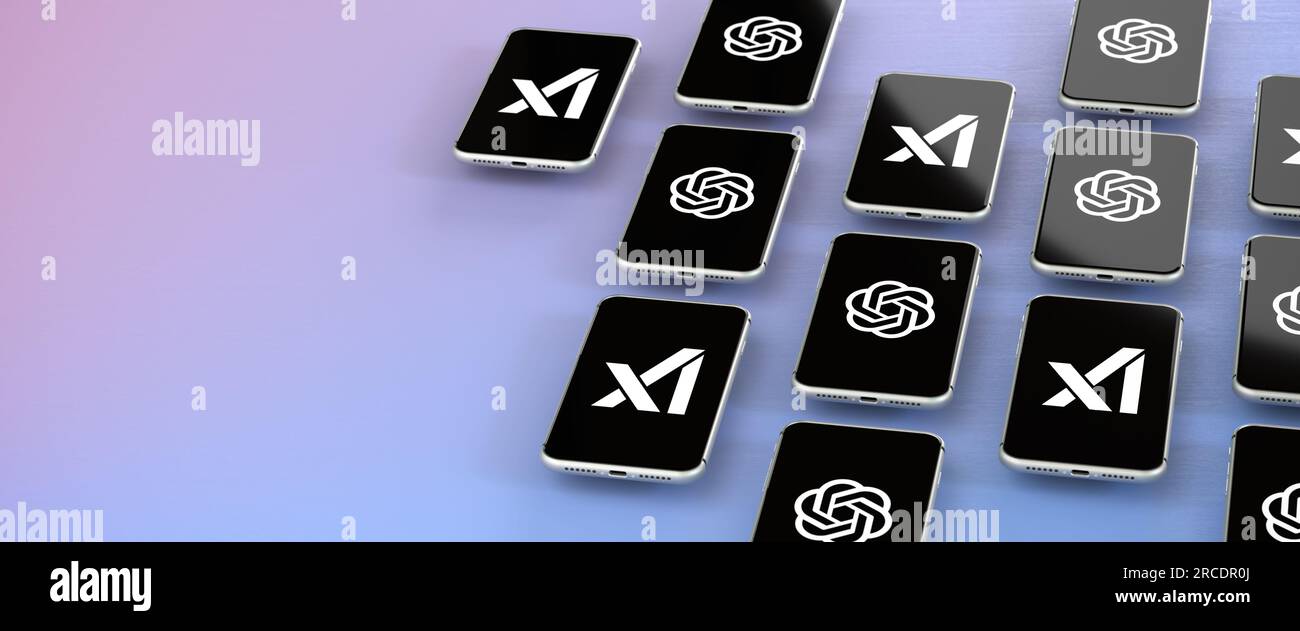 Logos of the AI companies openAI and xAI on mobile phones hovering over ...