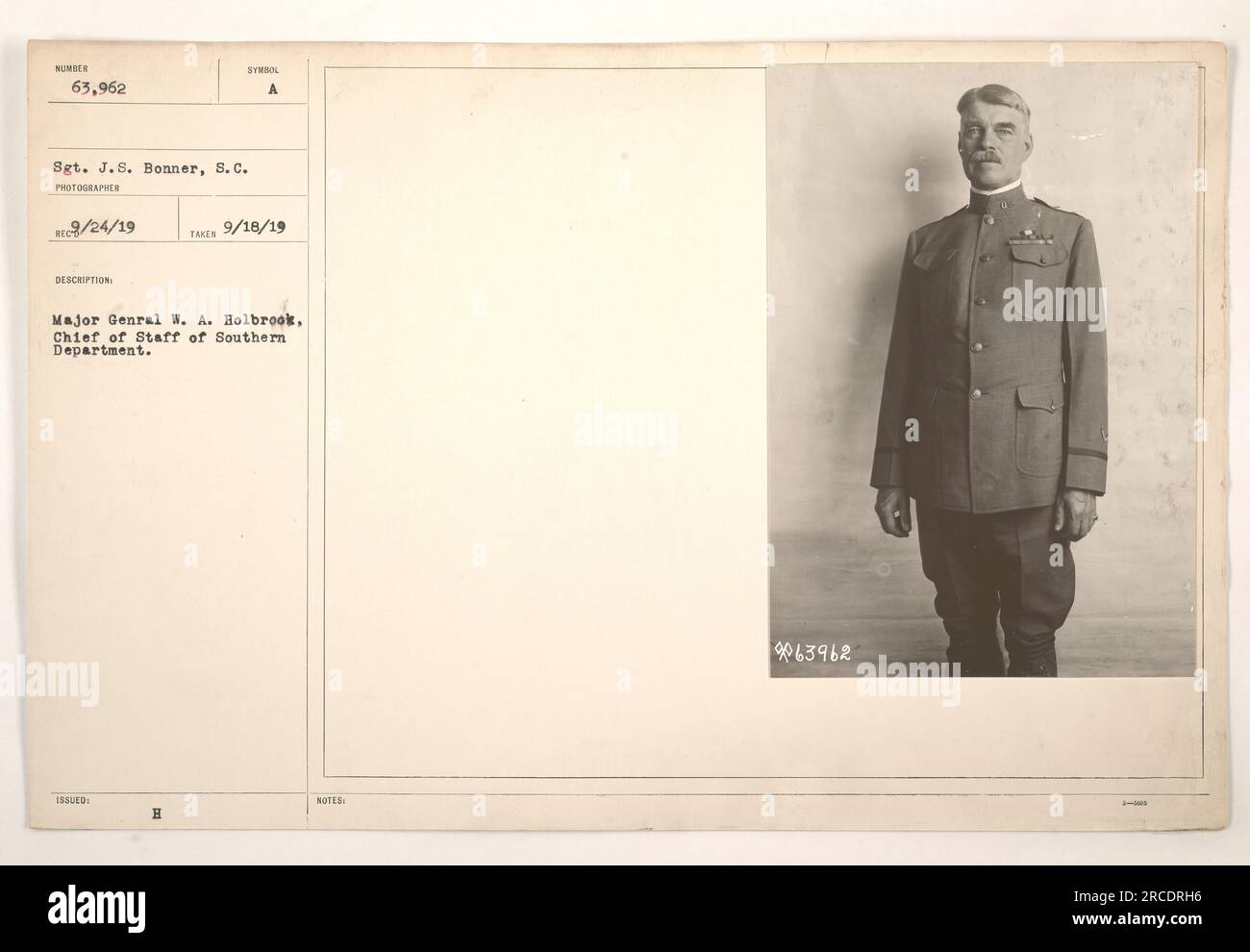 Major General W. A. Holbrook, the Chief of Staff of the Southern ...