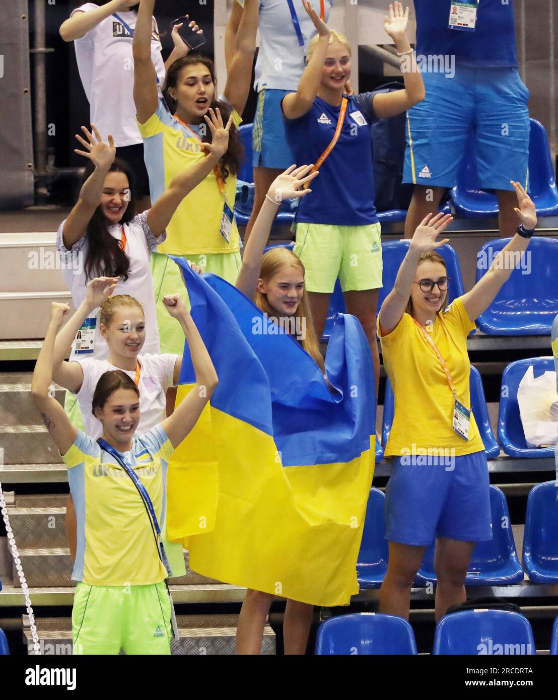 Members of Ukraine cheer on Ukrainian athletes during Artistic Swimming ...
