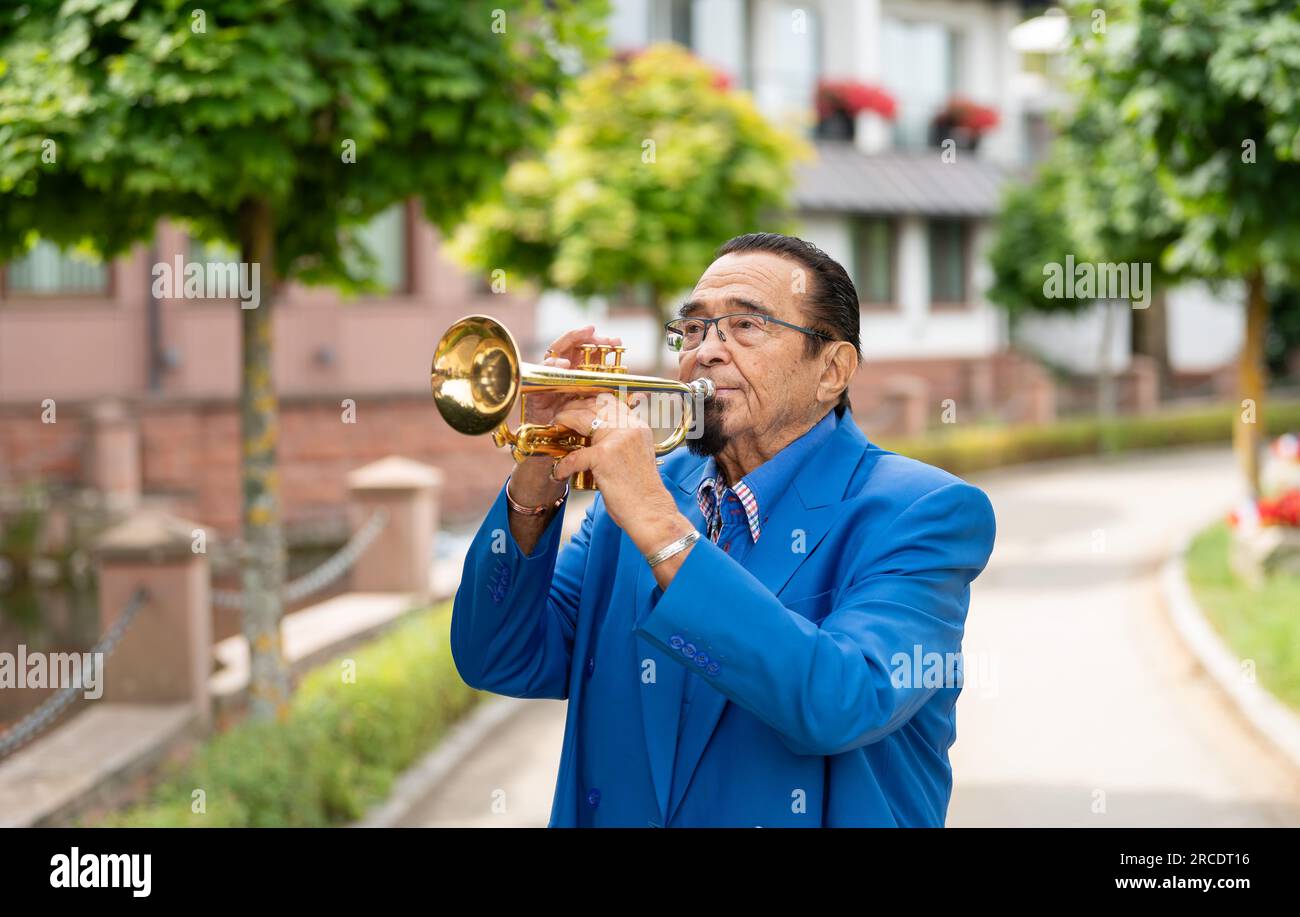 Bad Griesbach, Germany. 14th July, 2023. Trumpeter Walter Scholz stands ...