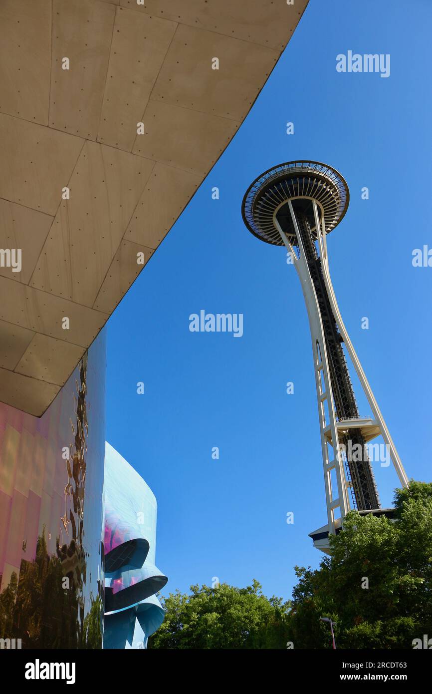 Museum of Pop Culture and the Space Needle landmarks at the Seattle ...