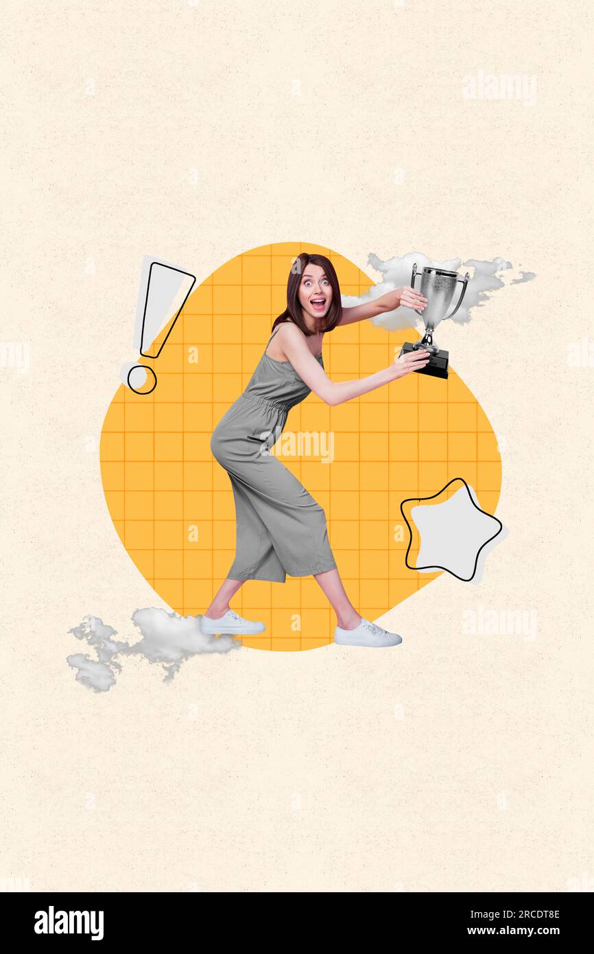 Vertical collage picture of young ambitious winner victory celebration ...