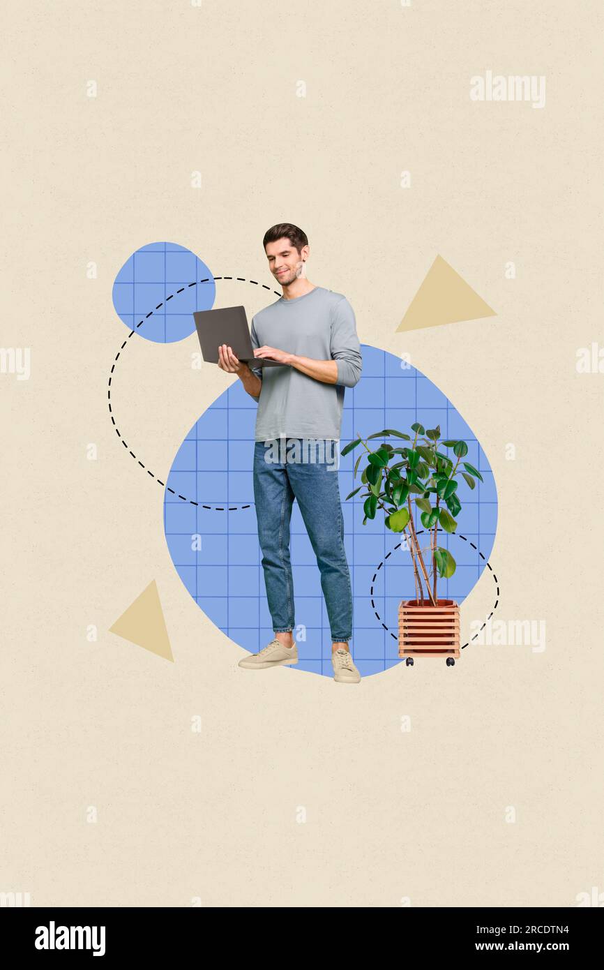 Vertical collage image of positive intelligent guy hold use netbook ...