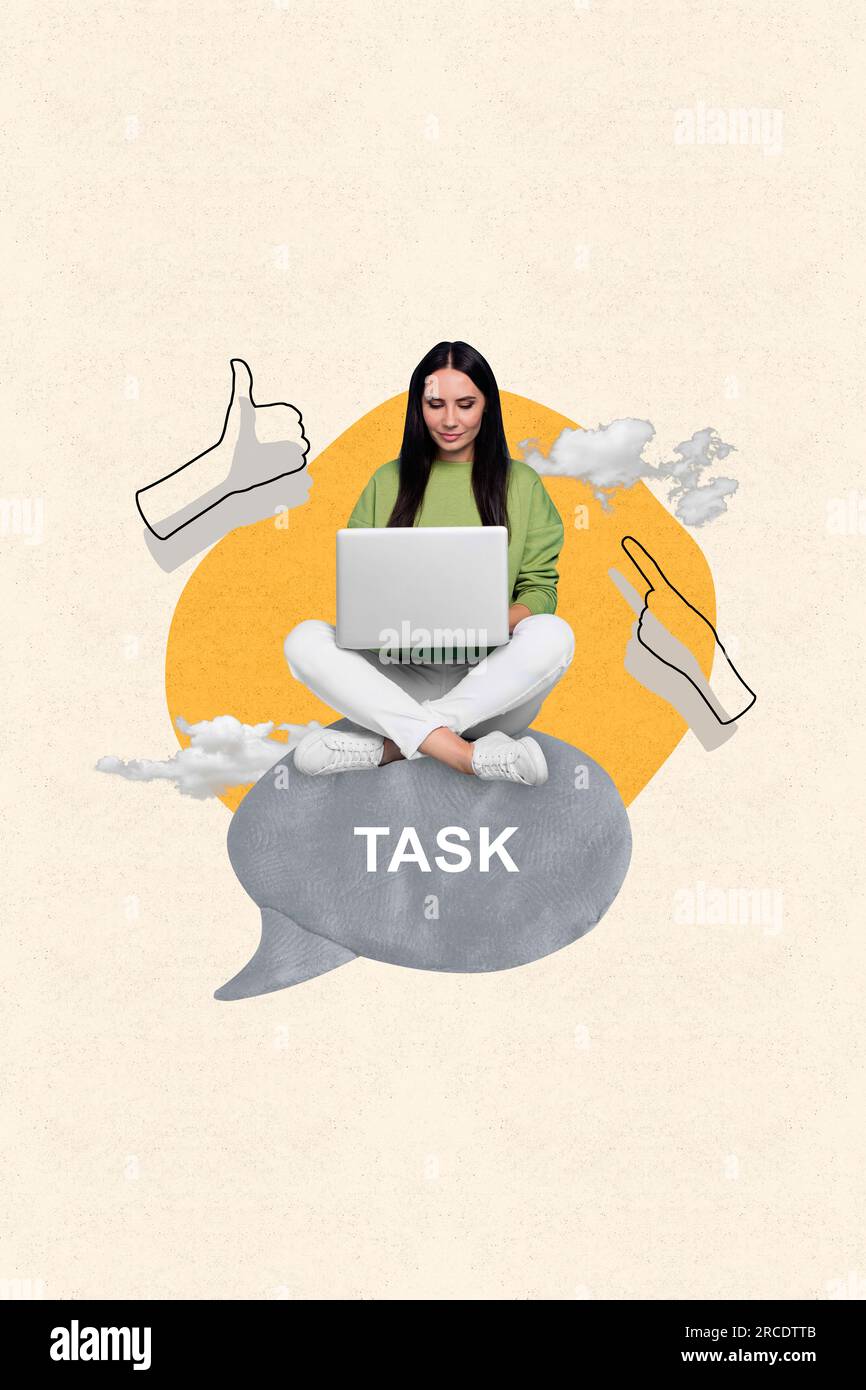 Vertical collage of mini girl sit big task dialogue bubble use netbook ...