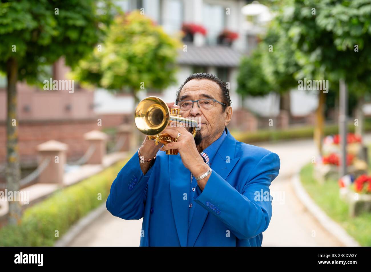 Bad Griesbach, Germany. 14th July, 2023. Trumpeter Walter Scholz stands ...