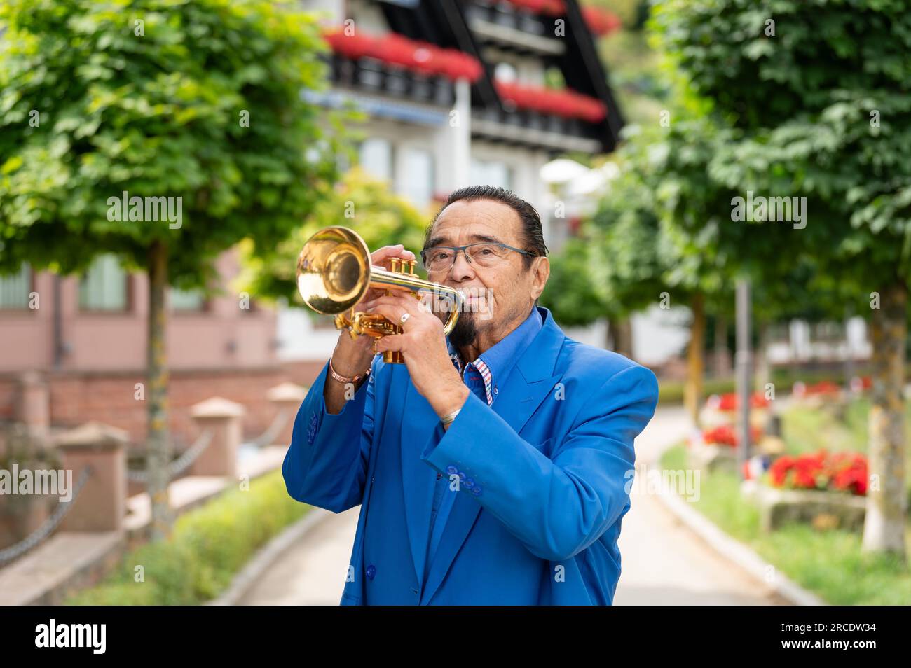 Bad Griesbach, Germany. 14th July, 2023. Trumpeter Walter Scholz stands ...