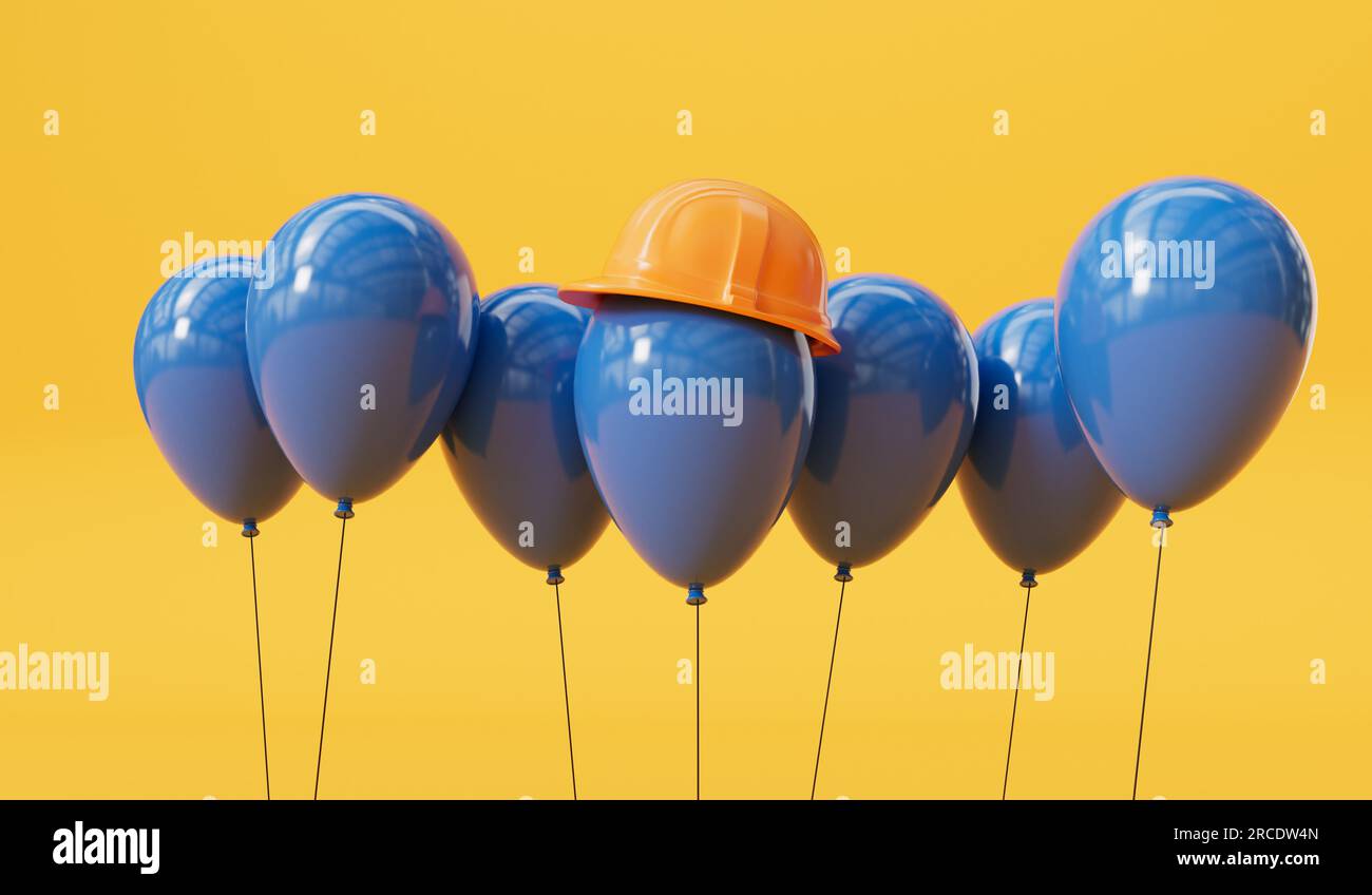 Celebration party balloon wearing a yellow construction hard hat. labor ...