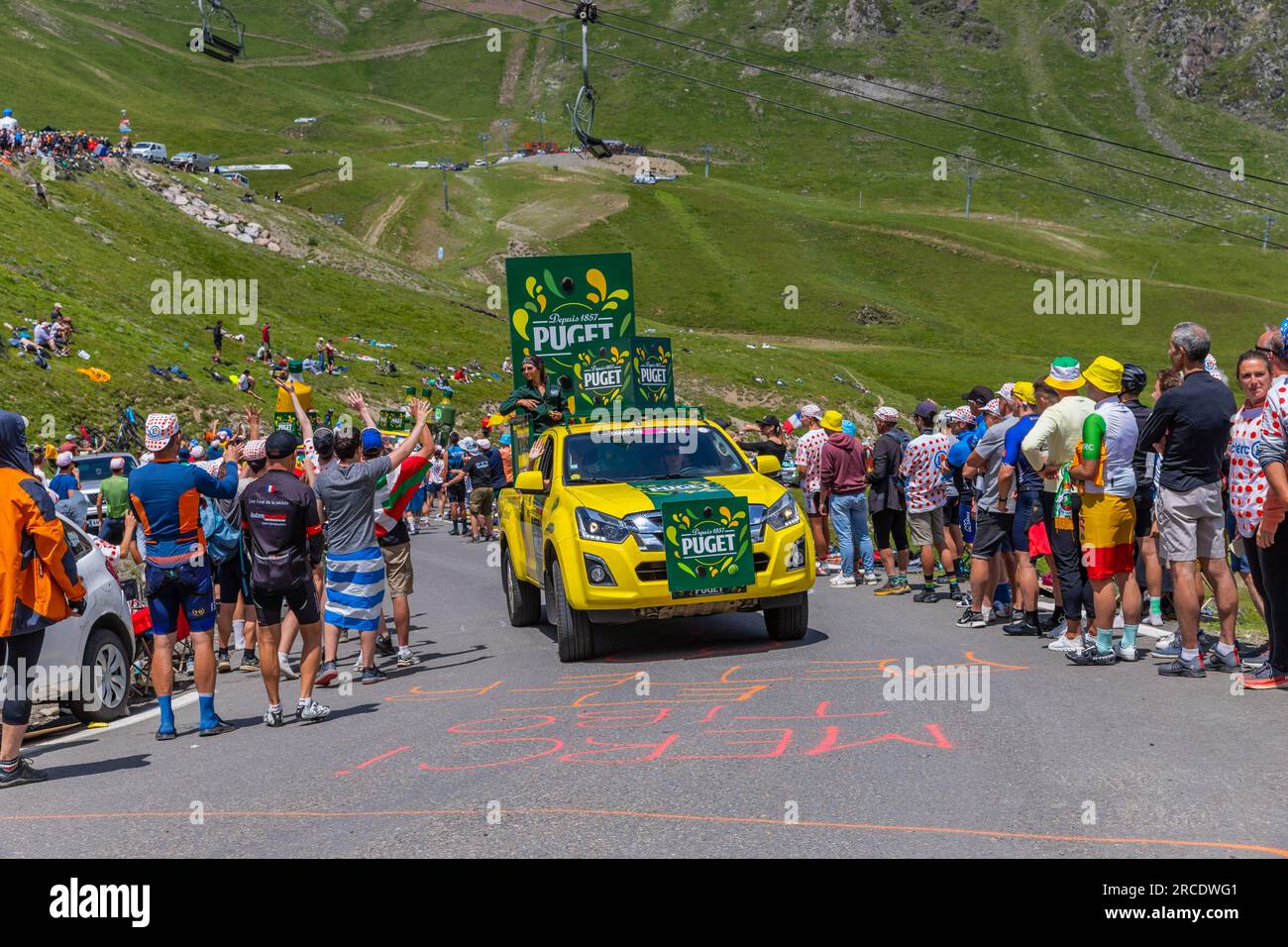 Col du Tourmalet, France - July 06 2023: Caravan car at the top of the ...
