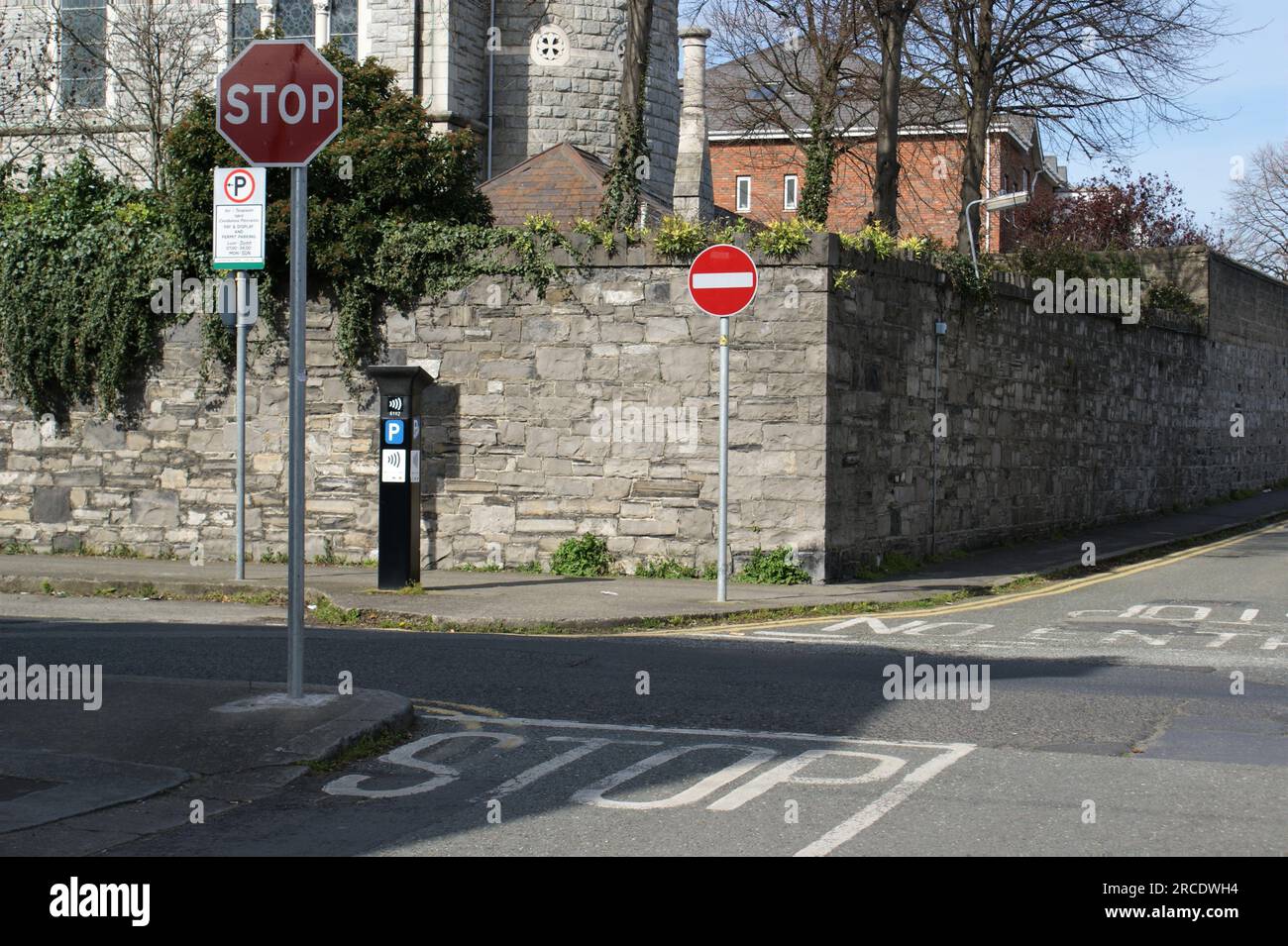 Road signs in Dublin. Stop and entry prohibited. Crossroads in the city ...
