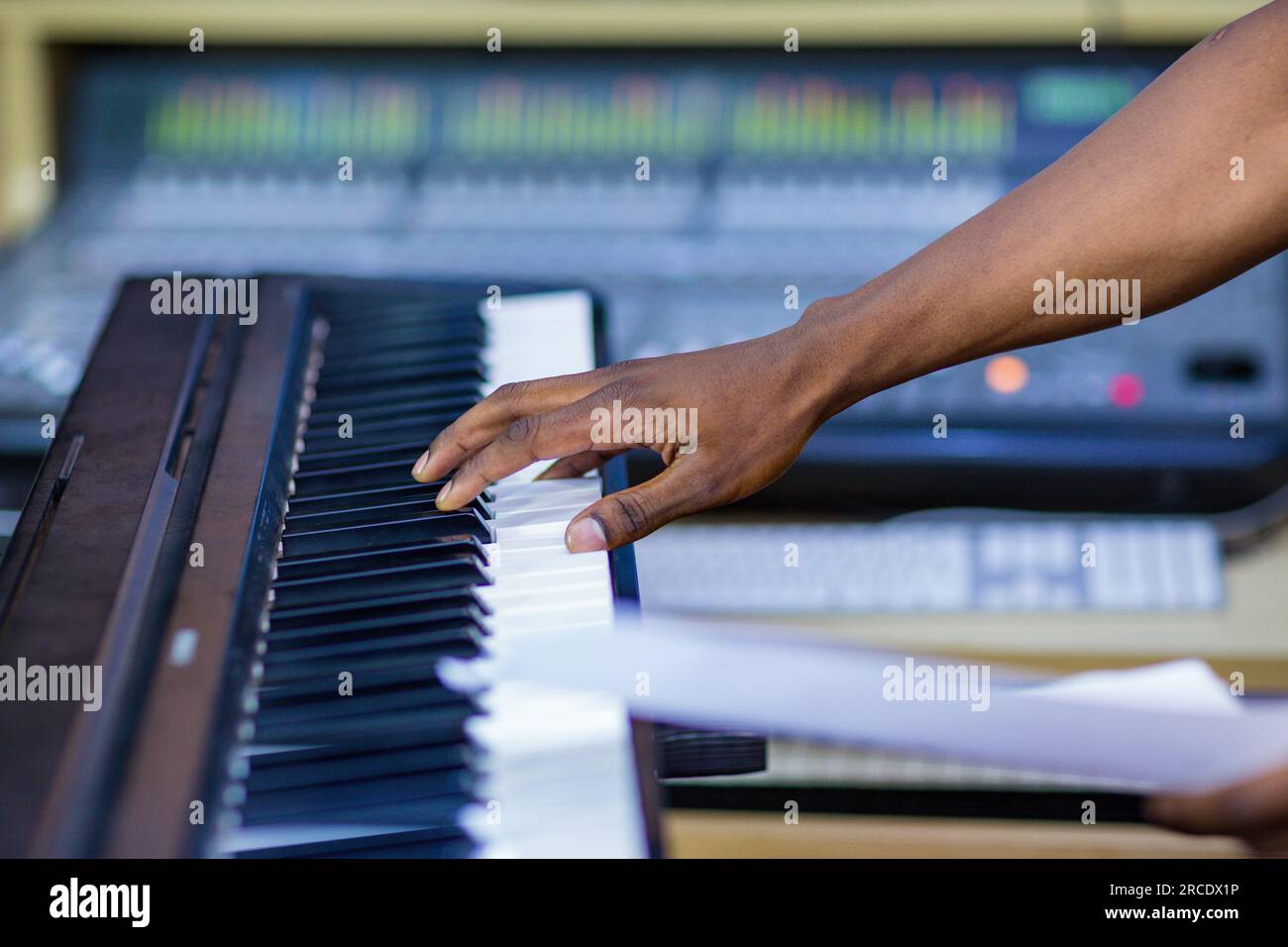 Hands pressing playing keyboard piano buttons Musical sound instruments ...