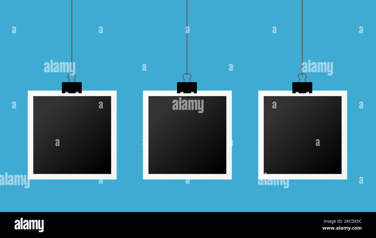 Hanged three polaroid photograph frames on blue background. Pictogram ...