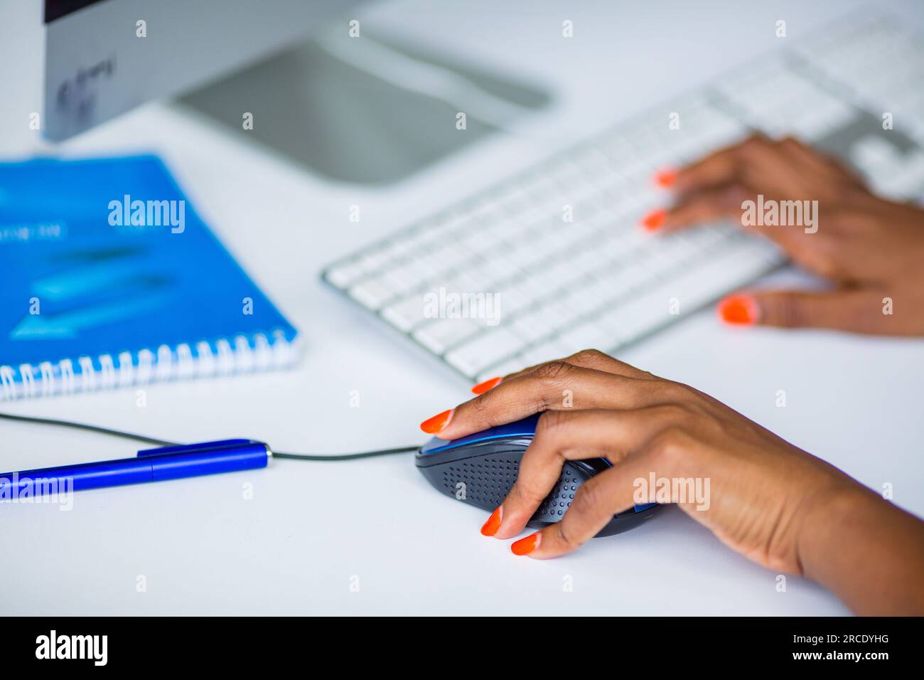 Hands fingers on the work computer laptop mouse control pad details ...