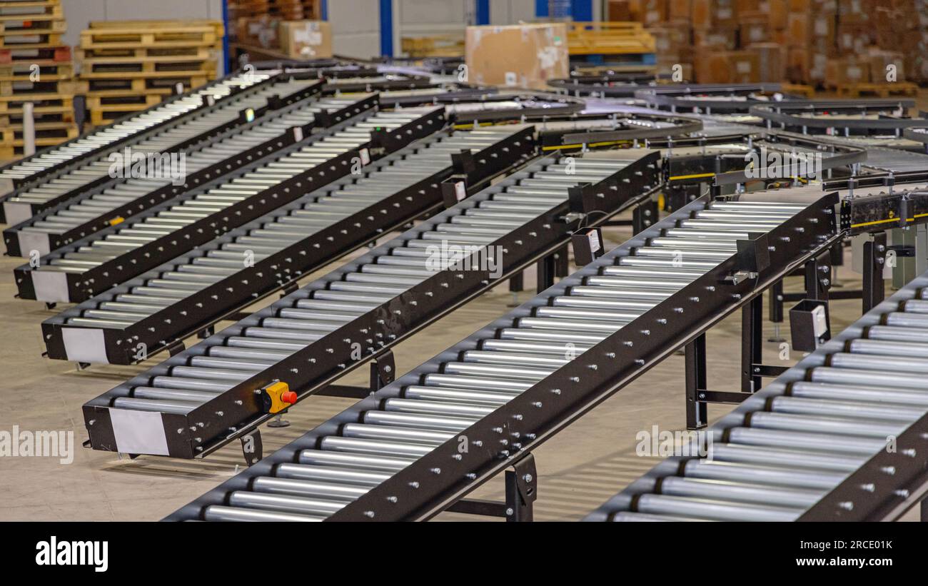 Sorting Gravity Conveyors Rollers Lines In Distribution Warehouse Stock