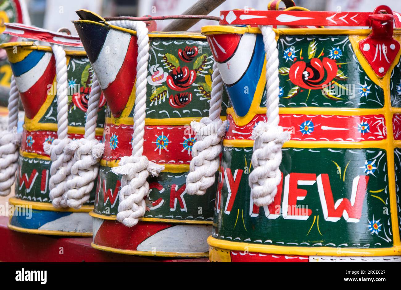 Buckby style water cans on a narrowboat, Great Britain, UK Stock Photo ...