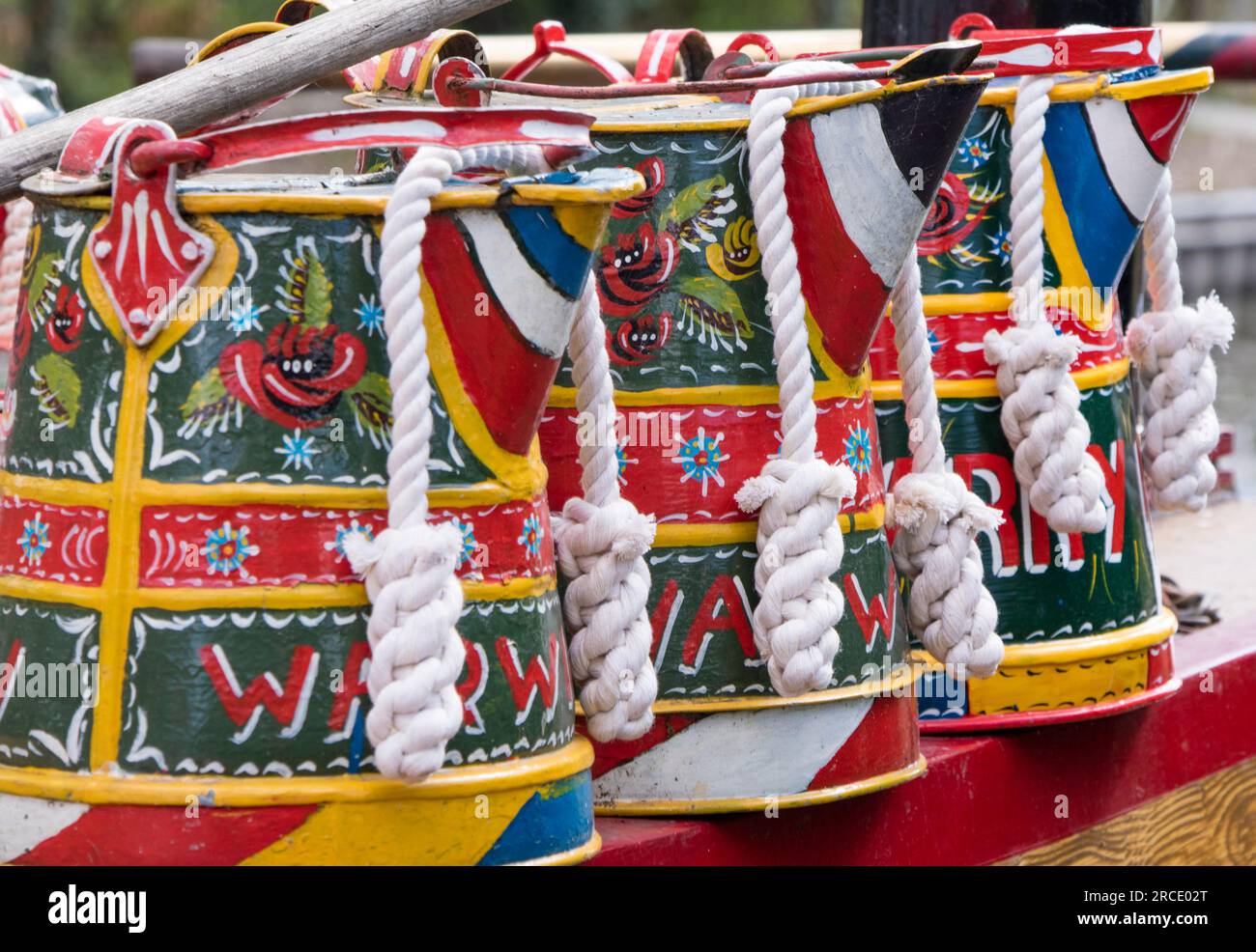 Buckby style water cans on a narrowboat, Great Britain, UK Stock Photo ...