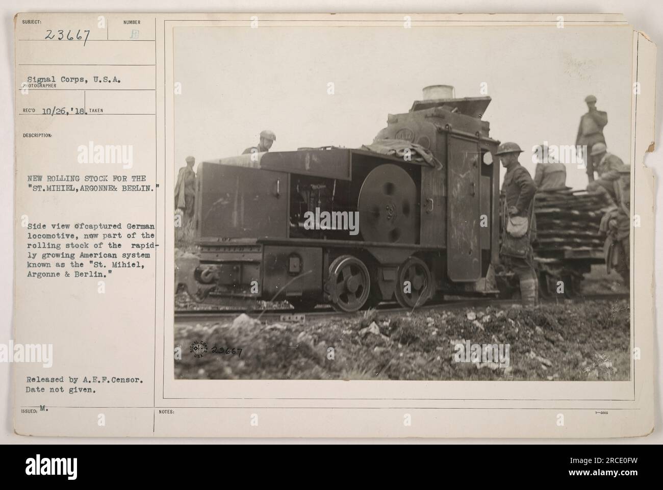 "Side view of a captured German locomotive, now part of the rolling ...