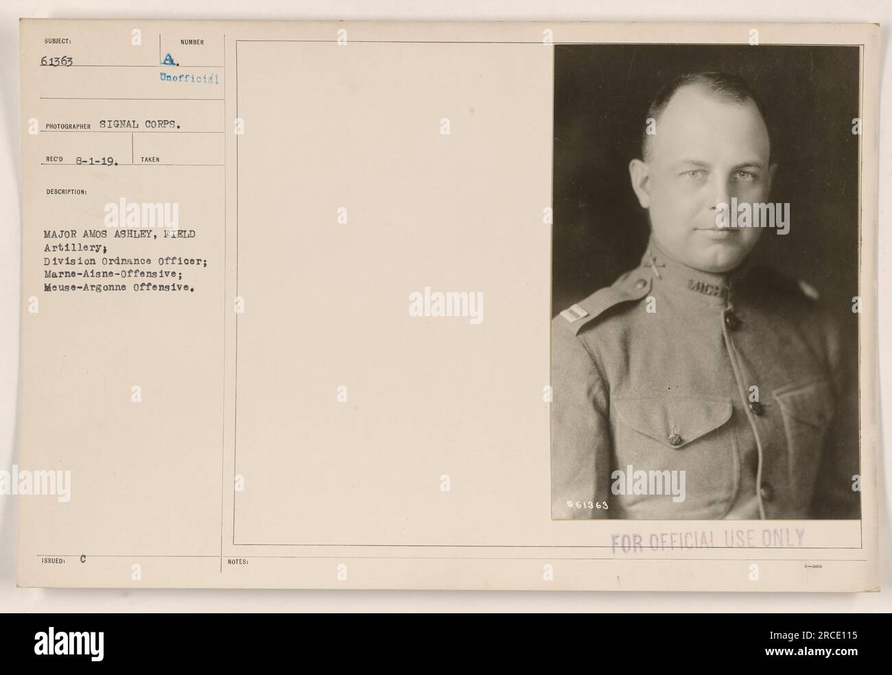 Major Amos Ashley, a Field Artillery officer and Division Ordnance ...