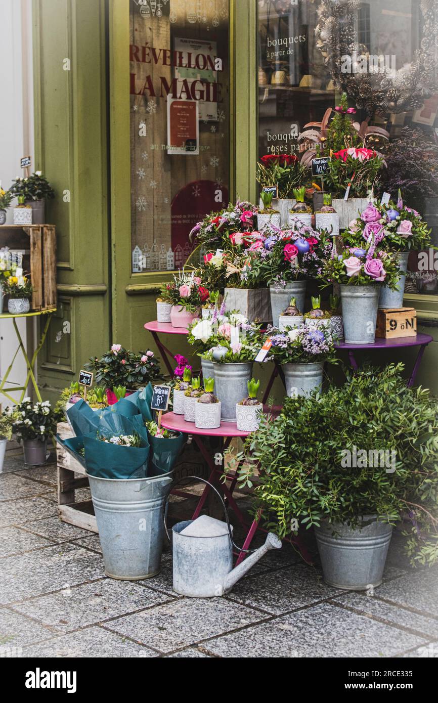 A pretty display of fresh flowers in a flower shop in Paris, France ...
