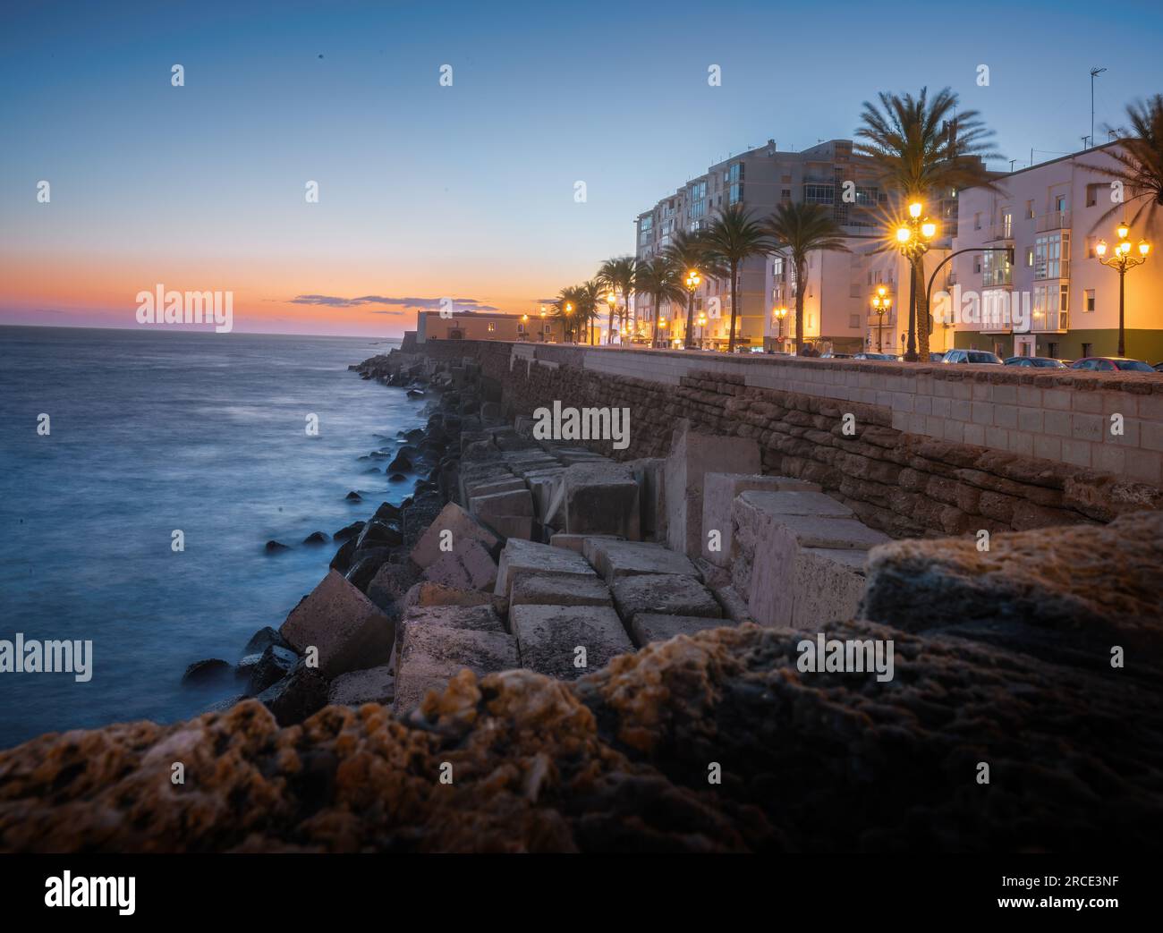 Paseo del Vendaval Promenade at night - Cadiz, Andalusia, Spain Stock ...