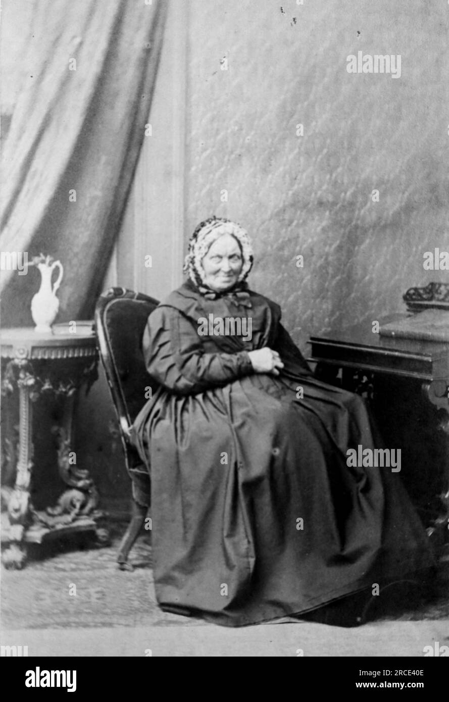 Portrait of a seated elderly lady in a dark dress beside a bureau ...