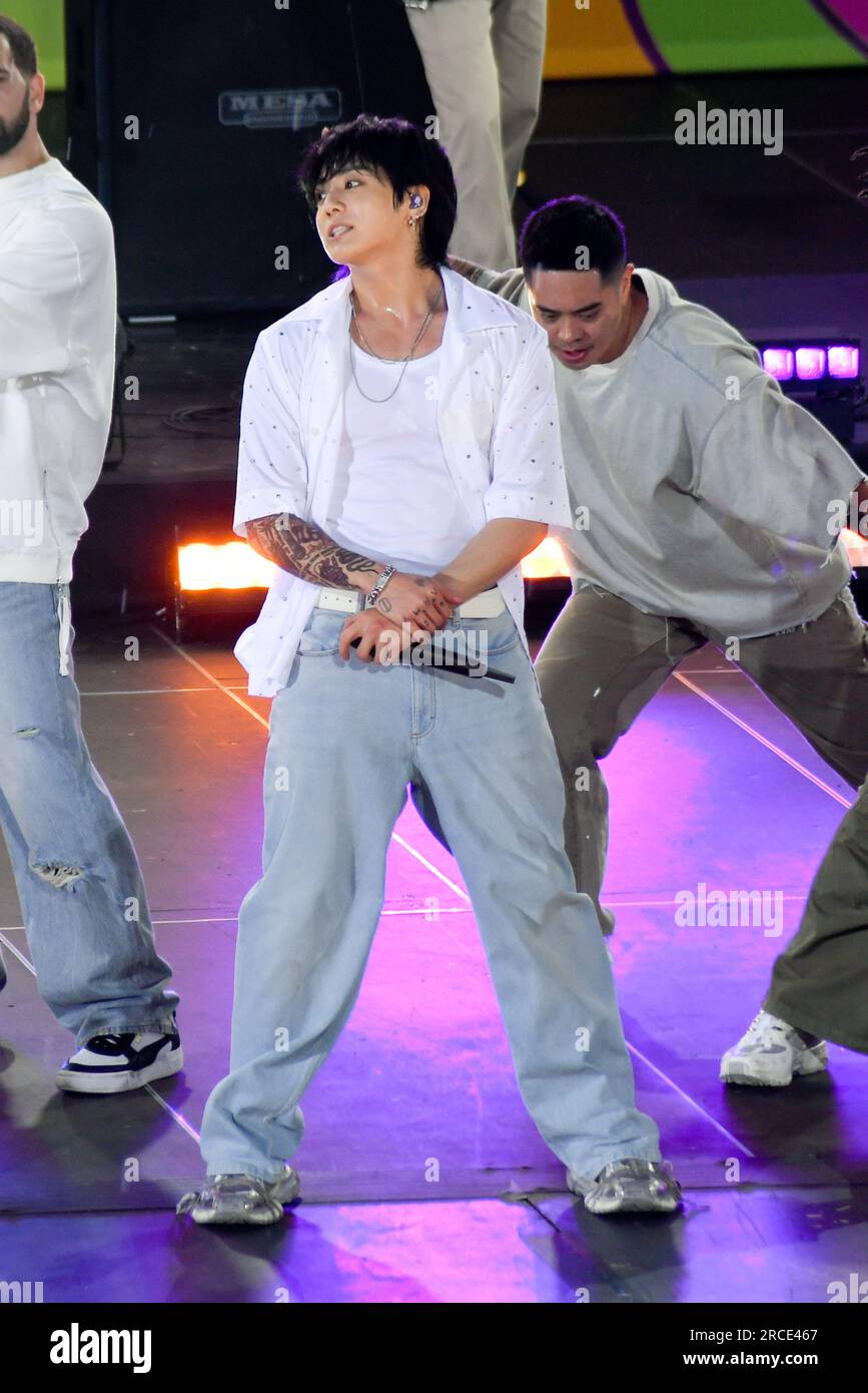 New York, USA. 14th July, 2023. Jung Kook of BTS performs on Good ...