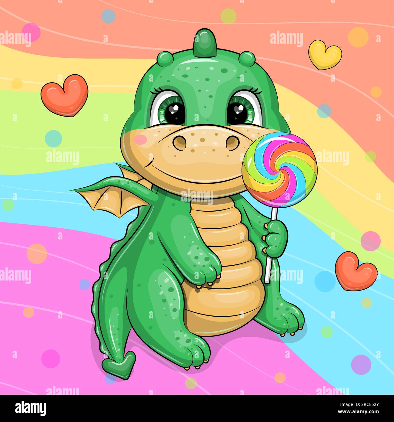 Cute cartoon green dragon with a big lollipop. Vector illustration of ...