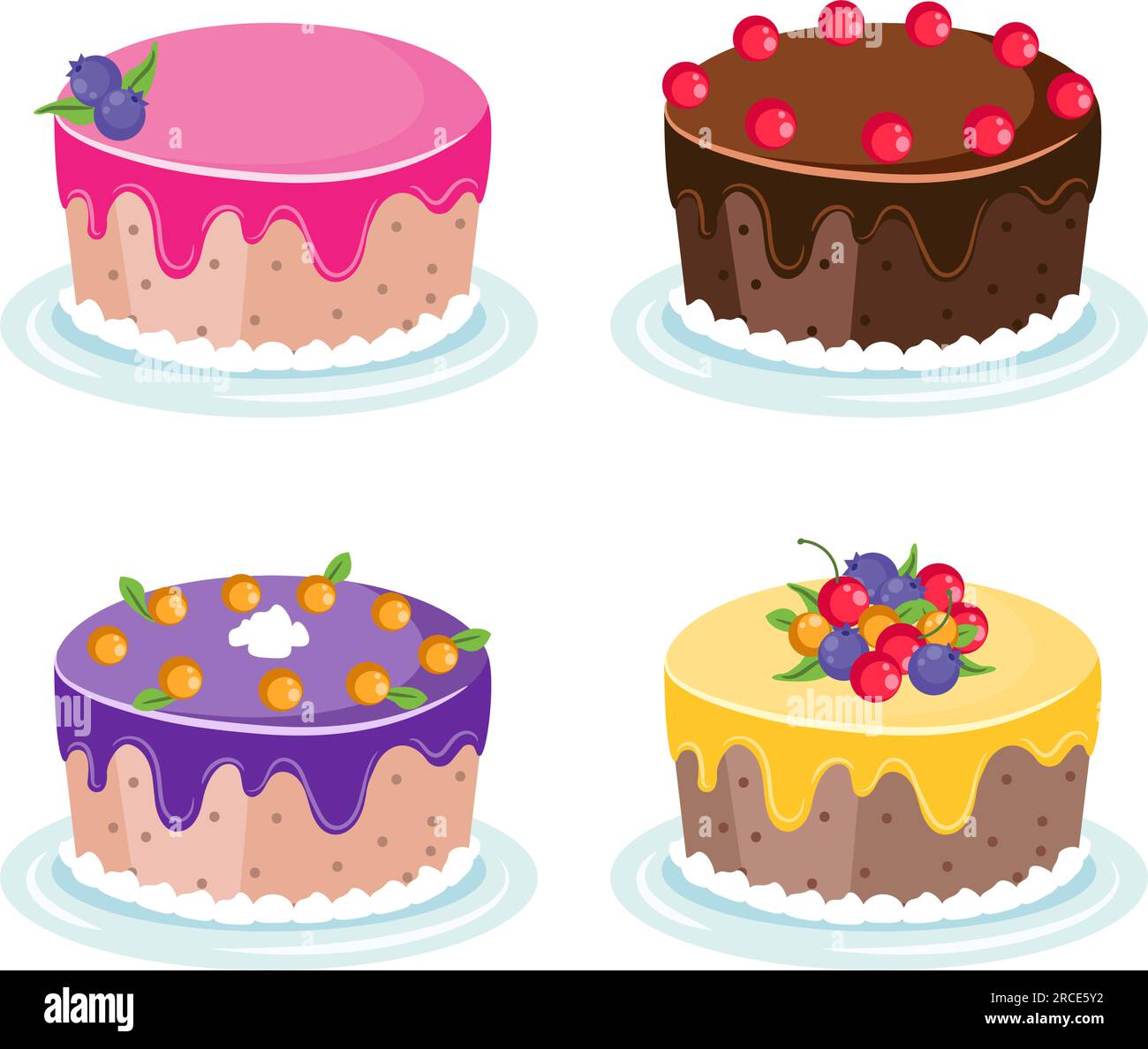 Cartoon style cakes set isolated on a white background. Colorful pastry ...