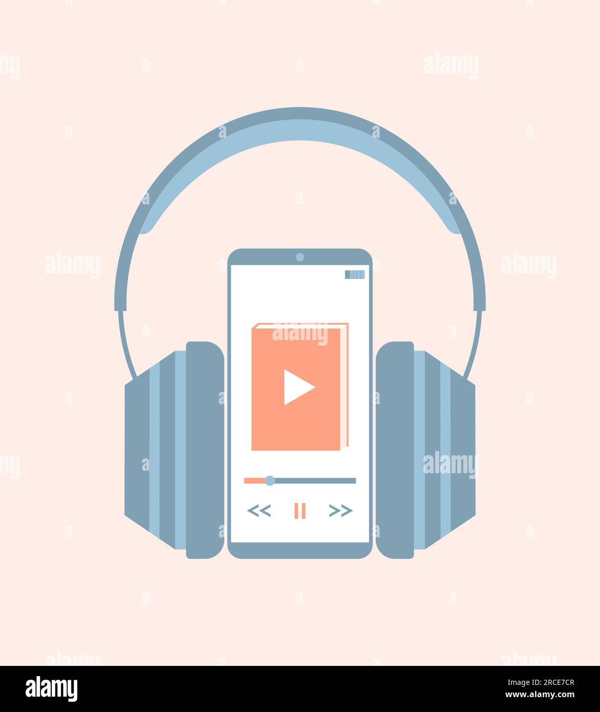 Headphones and a smartphone with an audiobook on the display. Flat ...