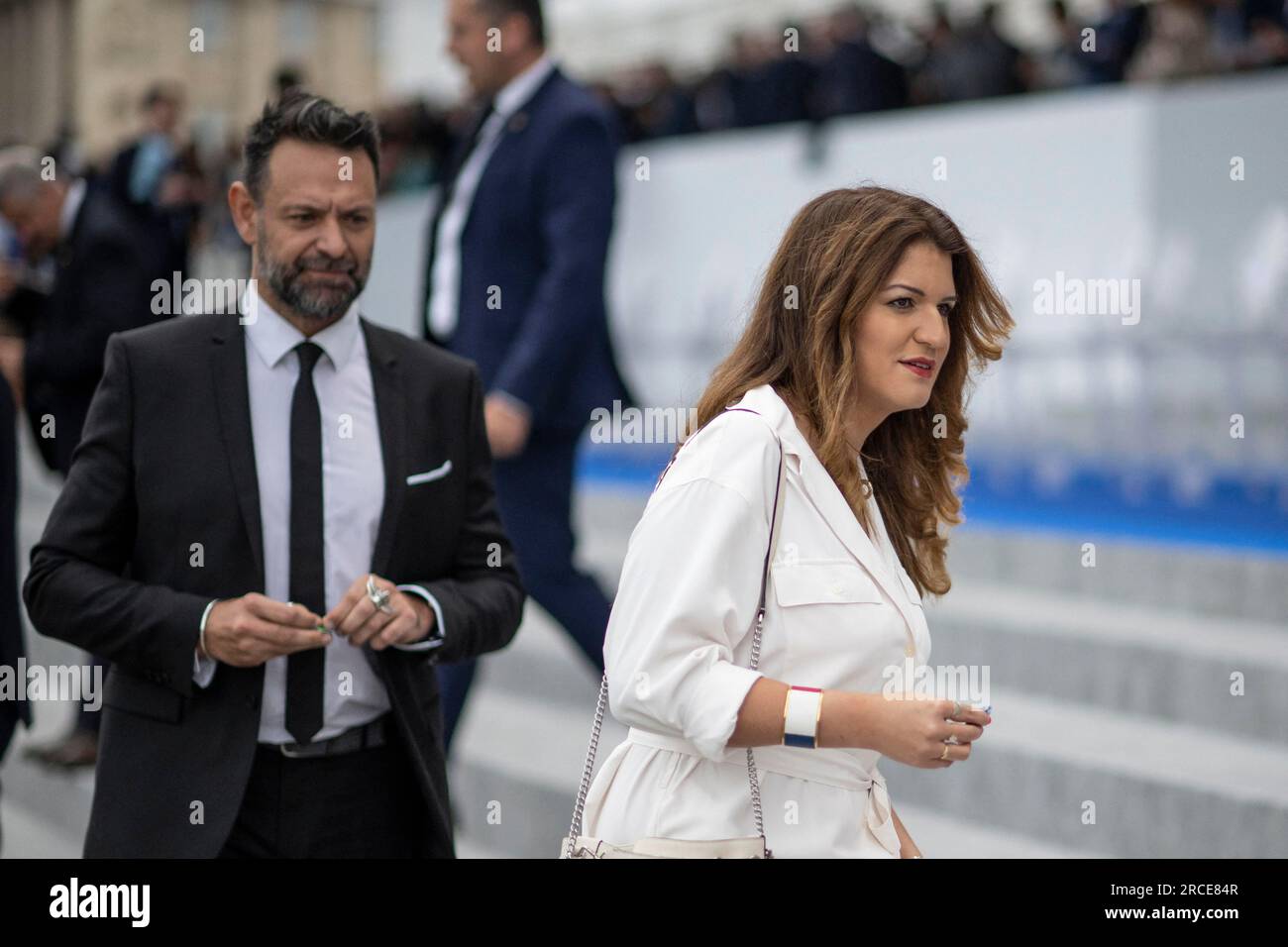 Paris, France, July 14, 2023. Matthias Savignac and Marlene Schiappa ...