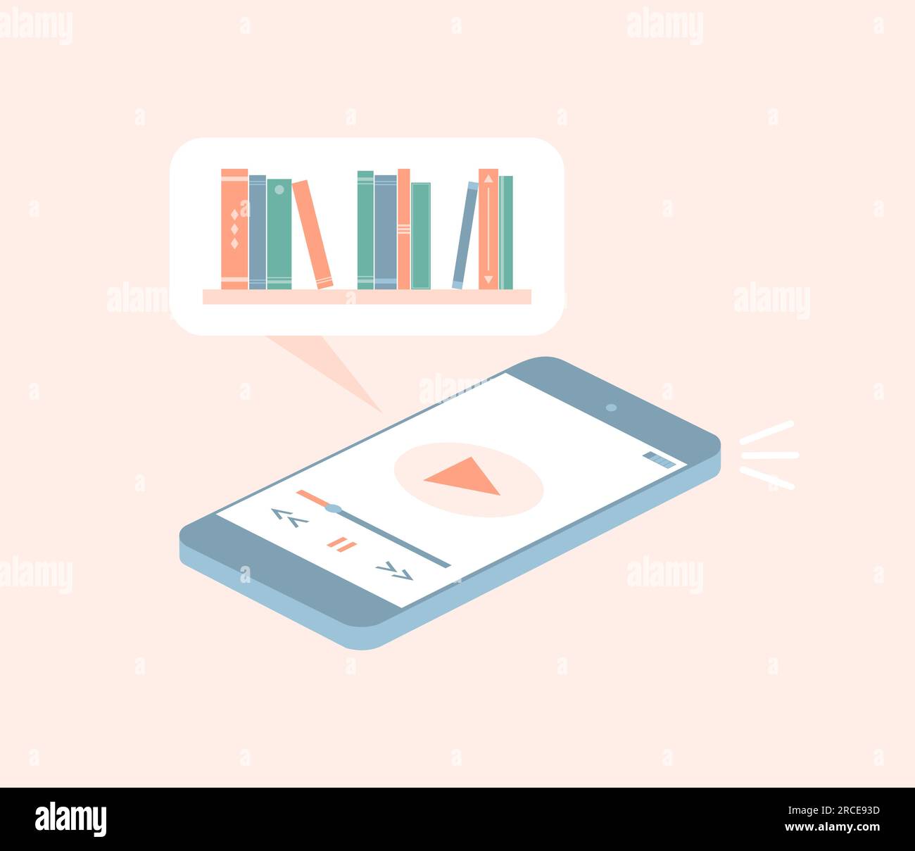 Isometric smartphone with audiobook app on screen and bookshelf in ...