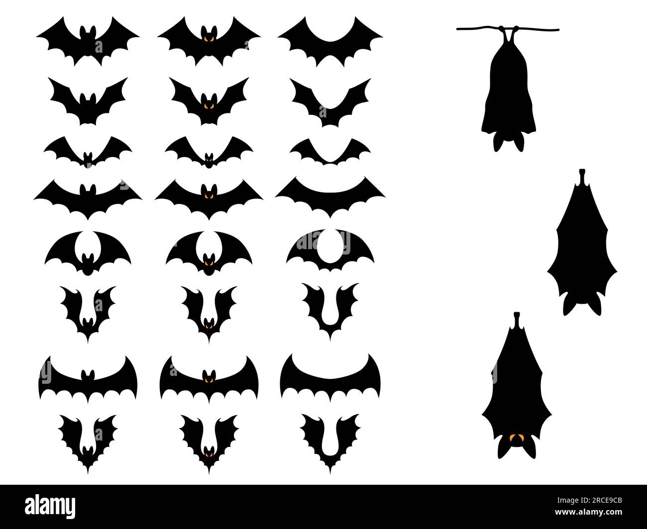Set of bat silhouettes isolated on white background. Halloween flat bat ...