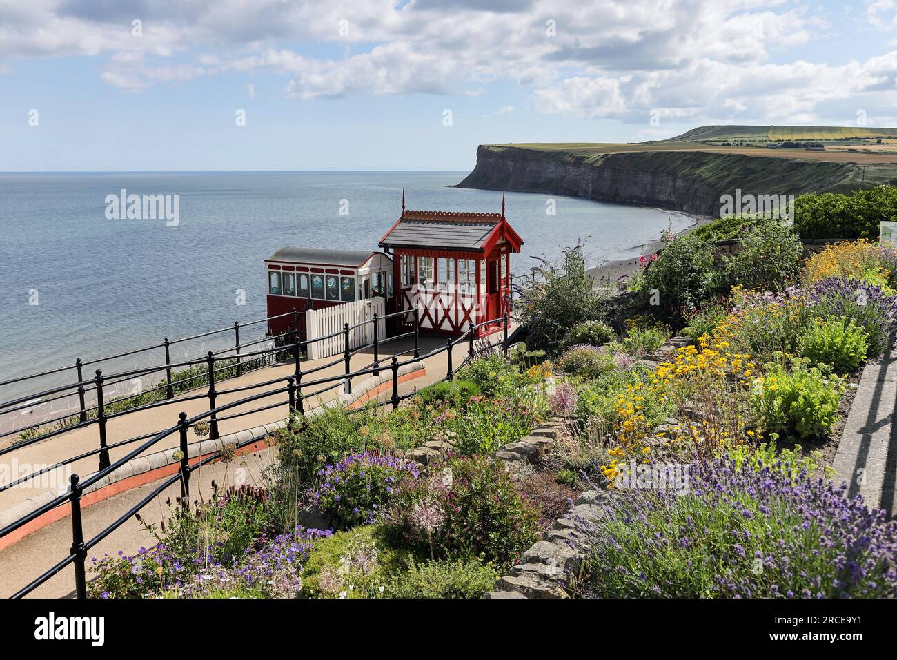 The Saltburn fossil gardens and cliff tramway with the view south ...