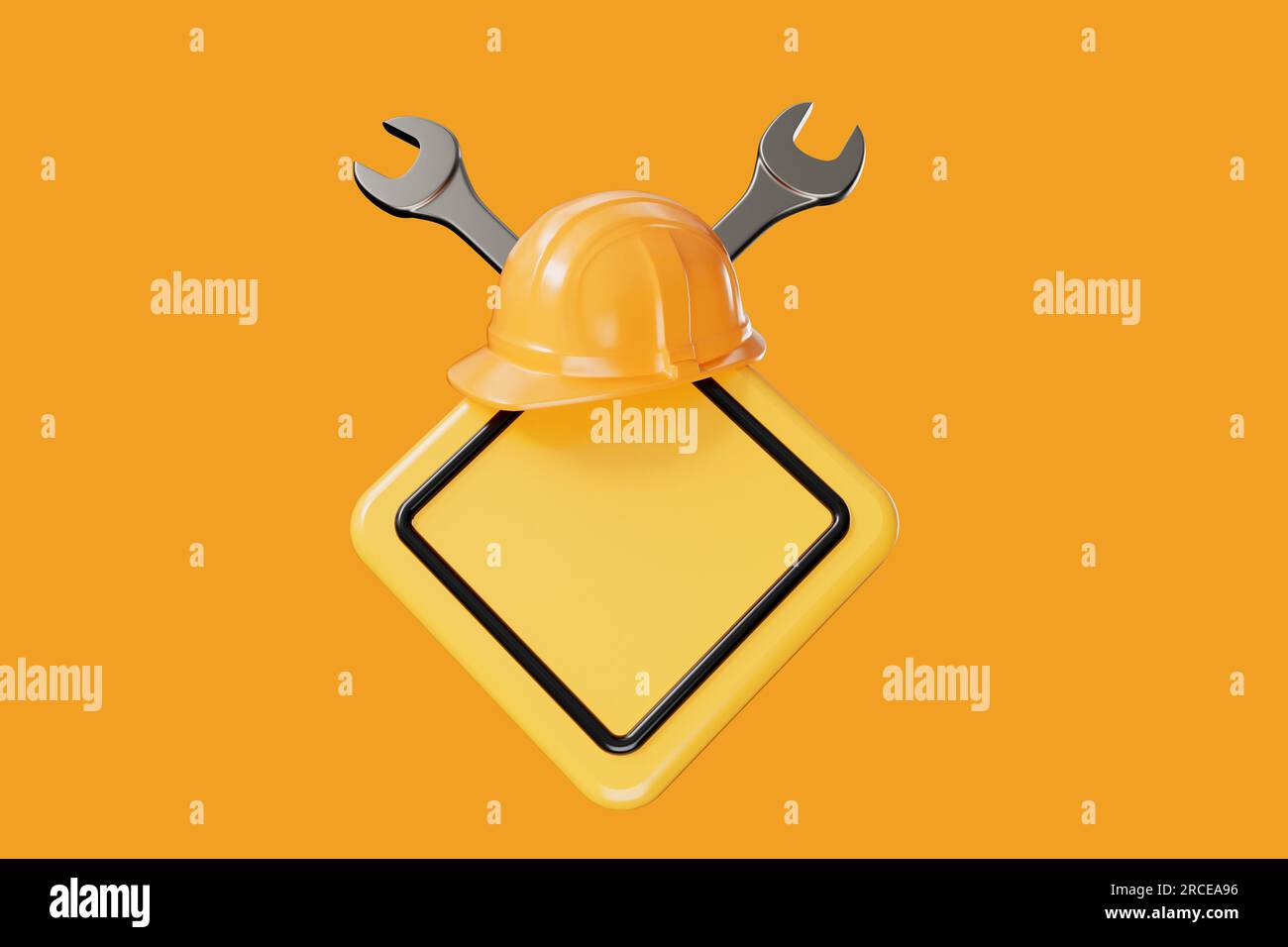 Construction hard hat and spanner tool blank message banner. 3D ...