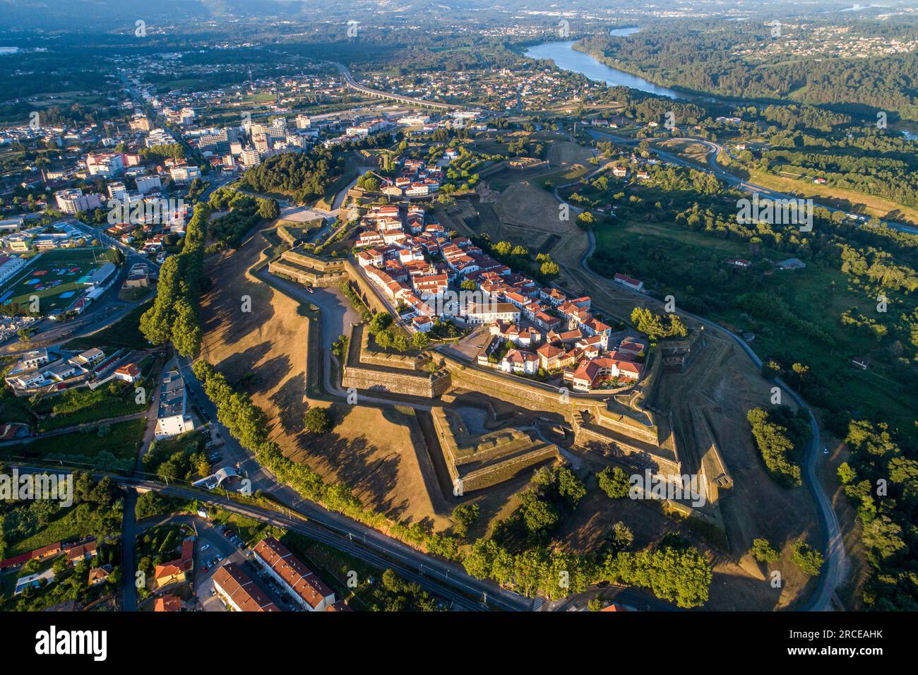 aerial view at dawn of the fortified city of Valença do Minho, Portugal ...
