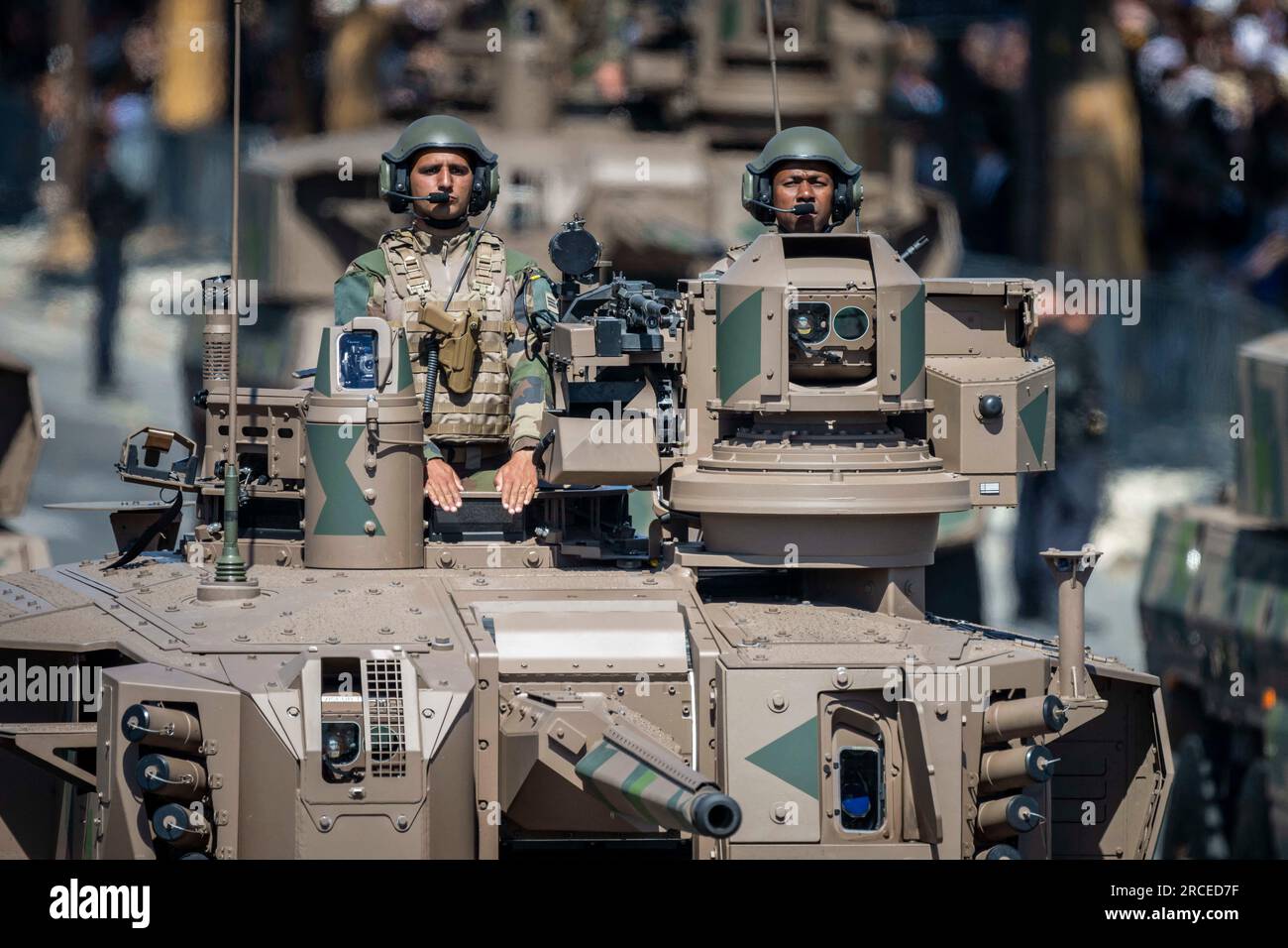 Paris, France. 14th July, 2023. French army soldiers drive an EBRC ...
