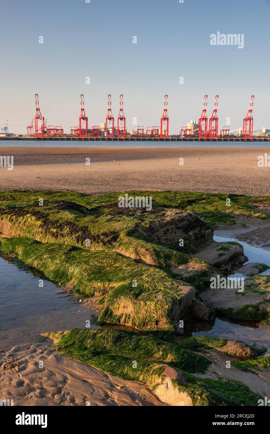 Liverpool 2 container terminal cranes and New Brighton beach ...