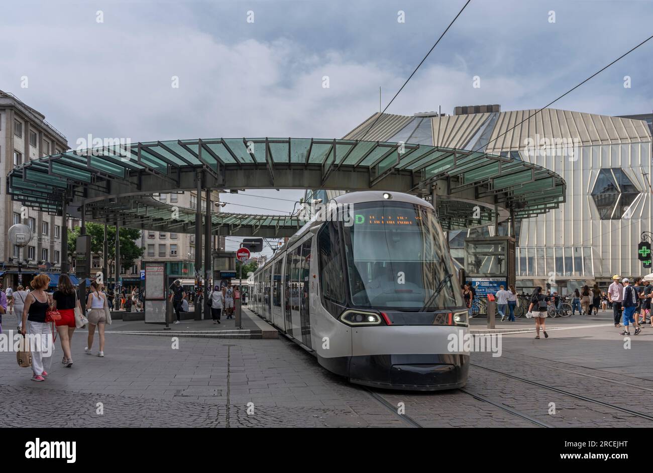 Strasbourg, France - 06 26 2023: View of Iron Man Square from the tram ...