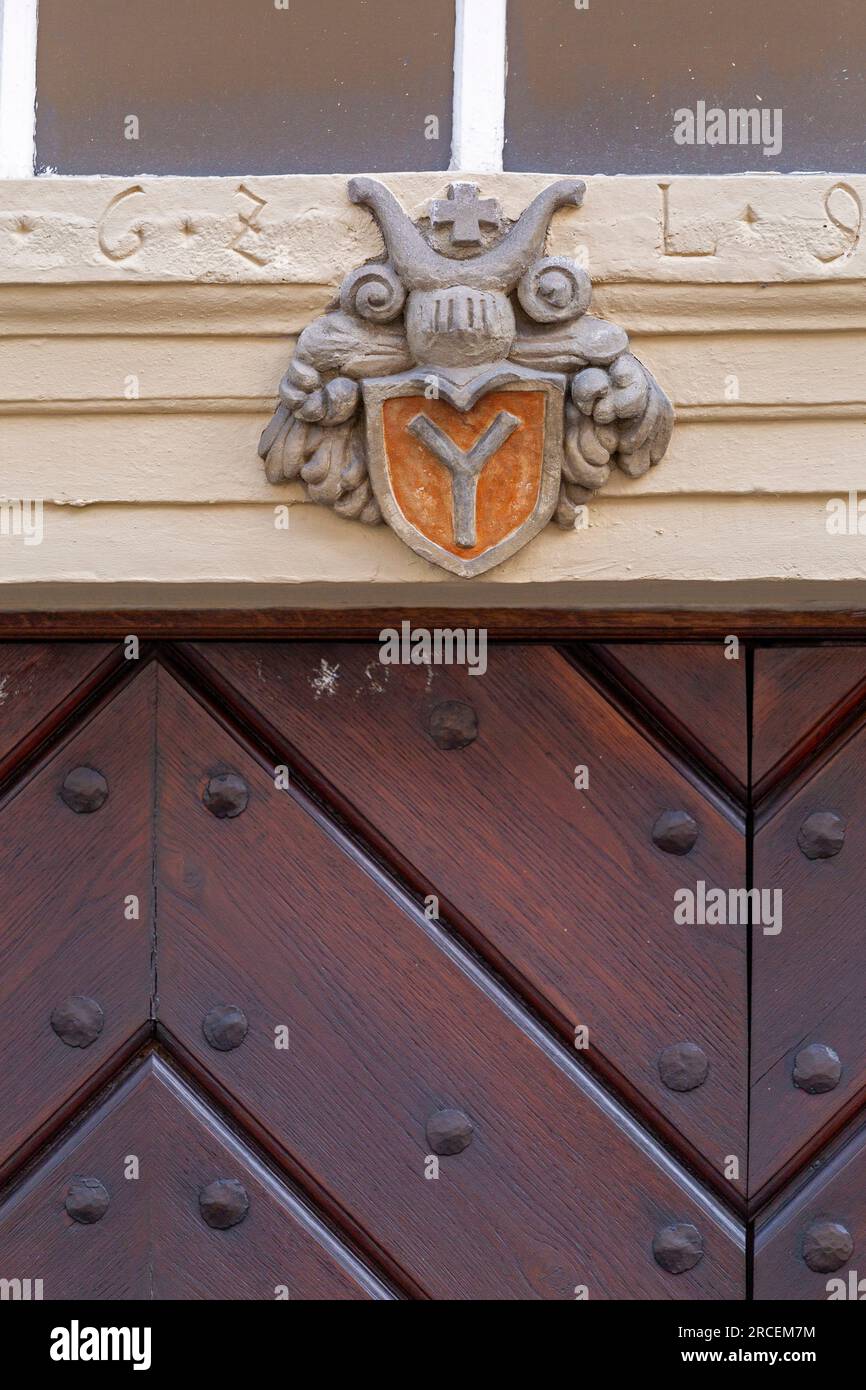Coat of arms above wooden door, Bamberg, Oberfranken, Bavaria, Germany ...