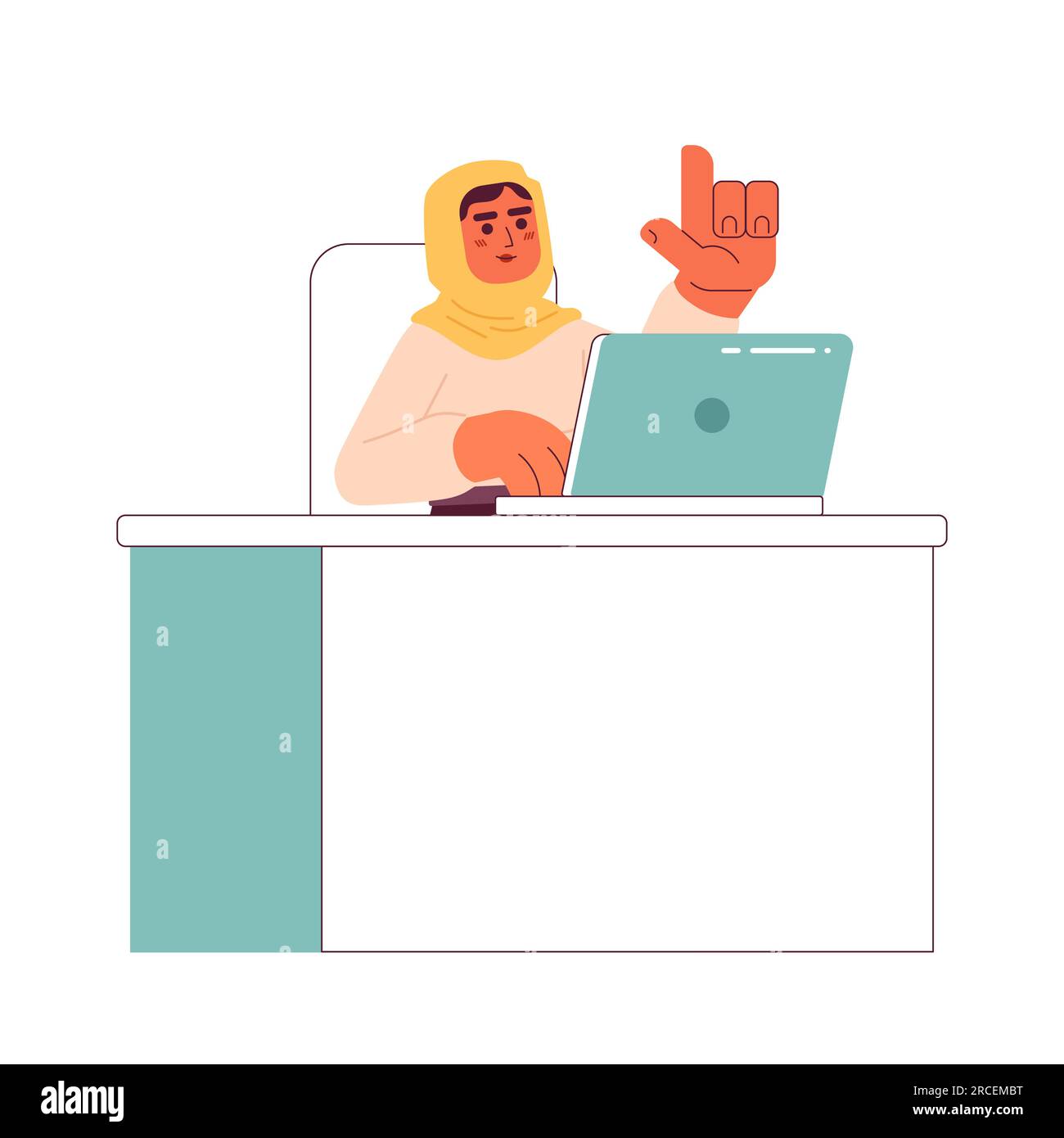 Muslim woman in hijab working on computer 2D vector isolated spot ...