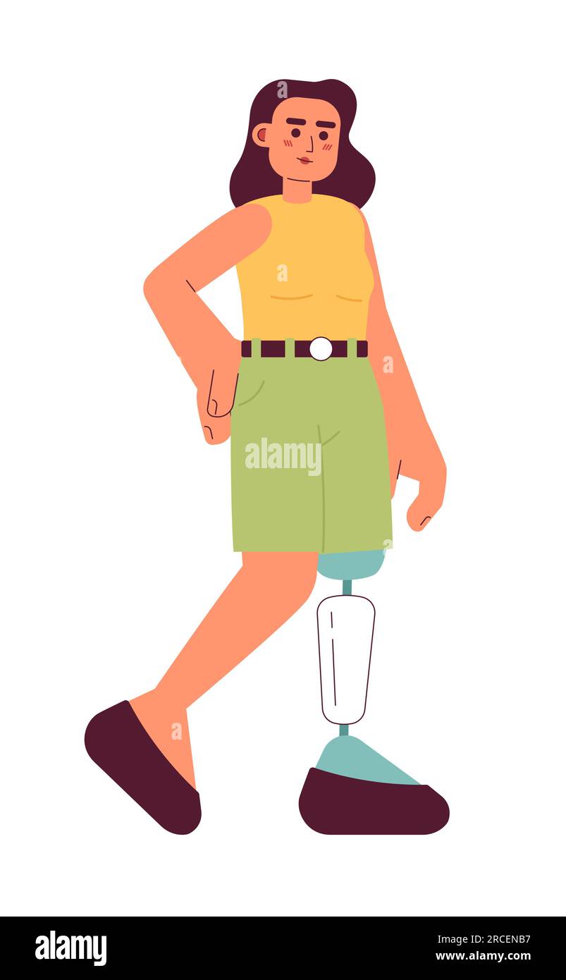 Attractive woman with bionic leg prosthesis semi flat color vector ...