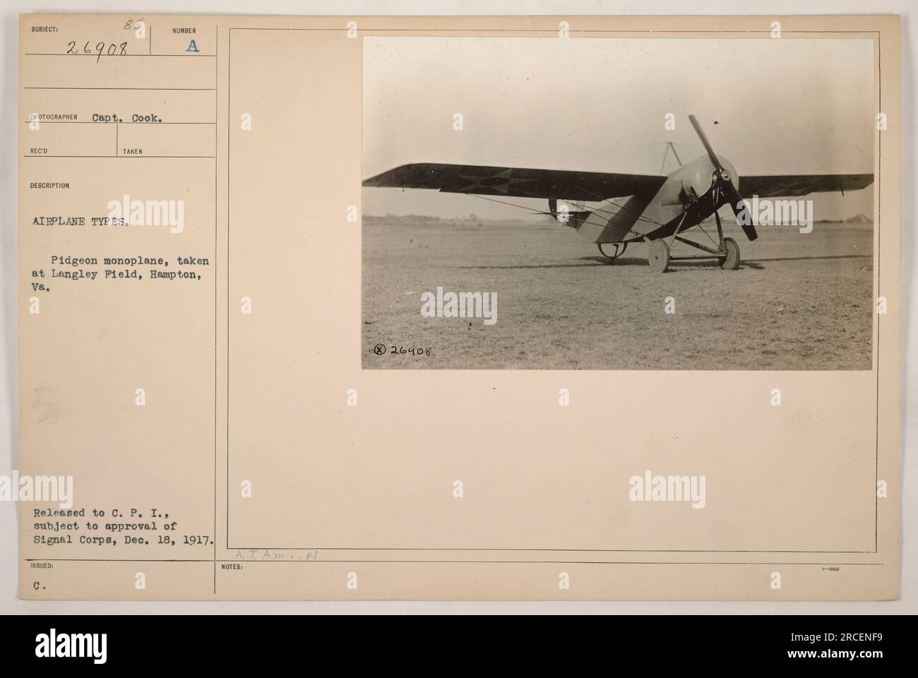 "The photograph, taken by Capt. Cook, shows a Pidgeon monoplane at ...