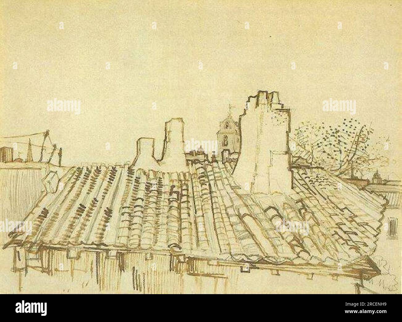 Tiled Roof with Chimneys and Church Tower 1888; Arles, Bouches-du-Rhône ...