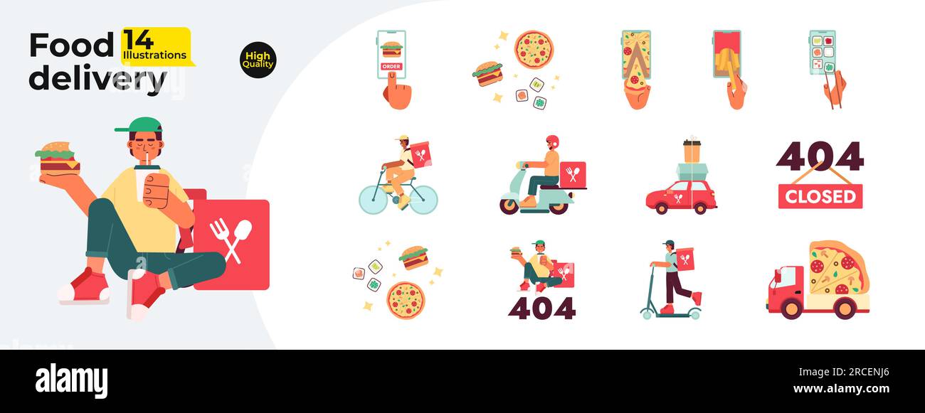 Food delivery flat concept vector spot illustrations bundle Stock ...