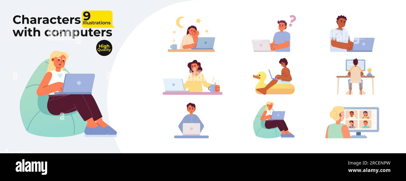 Characters with laptop flat concept vector spot illustrations bundle ...