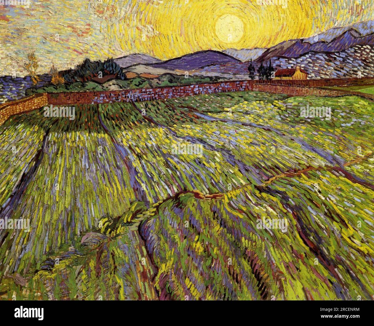 Enclosed field with rising sun 1889; Saint-rémy-de-provence, France by ...