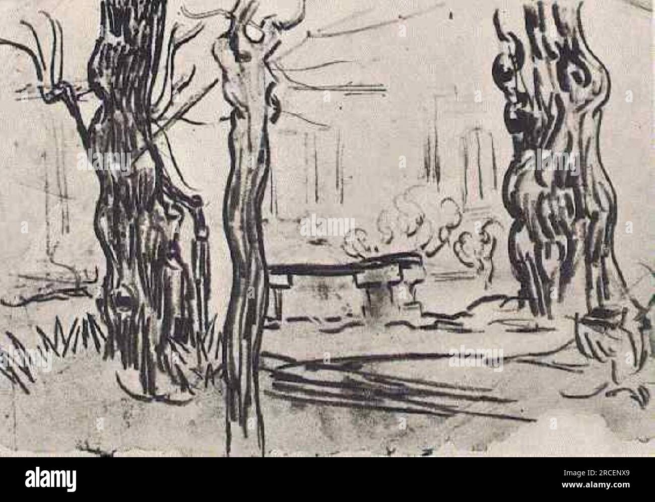 Garden of the Asylum and Tree Trunks and a Stone Bench 1889; Saint-rémy ...