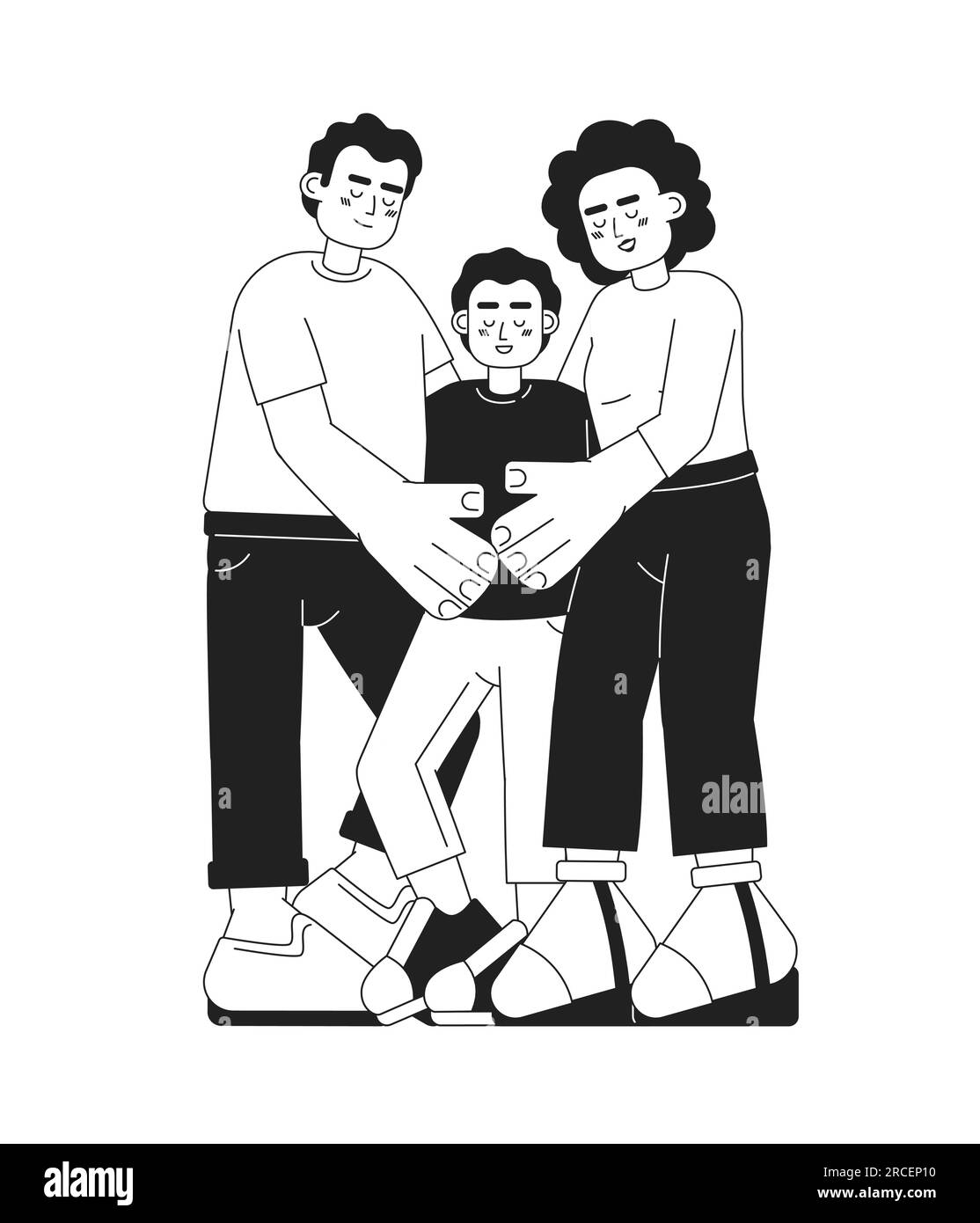 Mixed race family hug candid monochrome vector spot illustration Stock ...