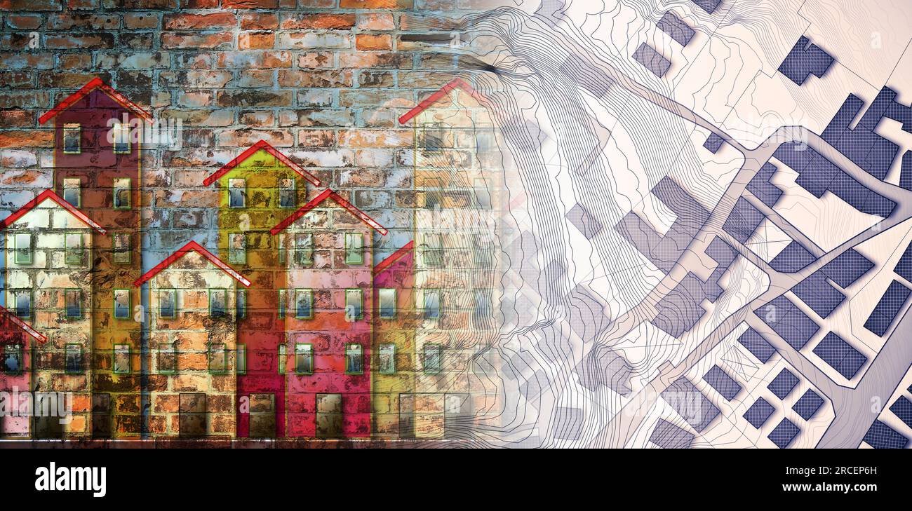 Real Estate concept with an imaginary cadastral map of territory with ...