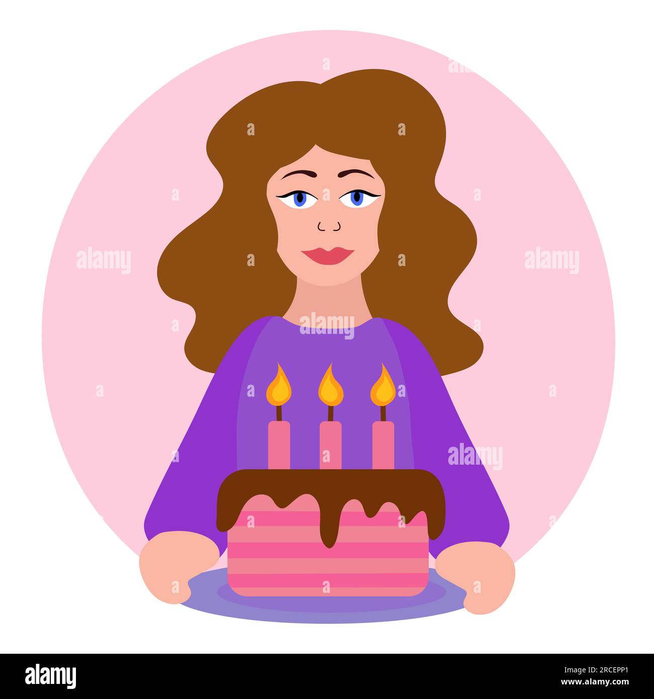 Birthday woman. Girl holding plate with birthday cake, candles. Vector flat illustration Stock ...