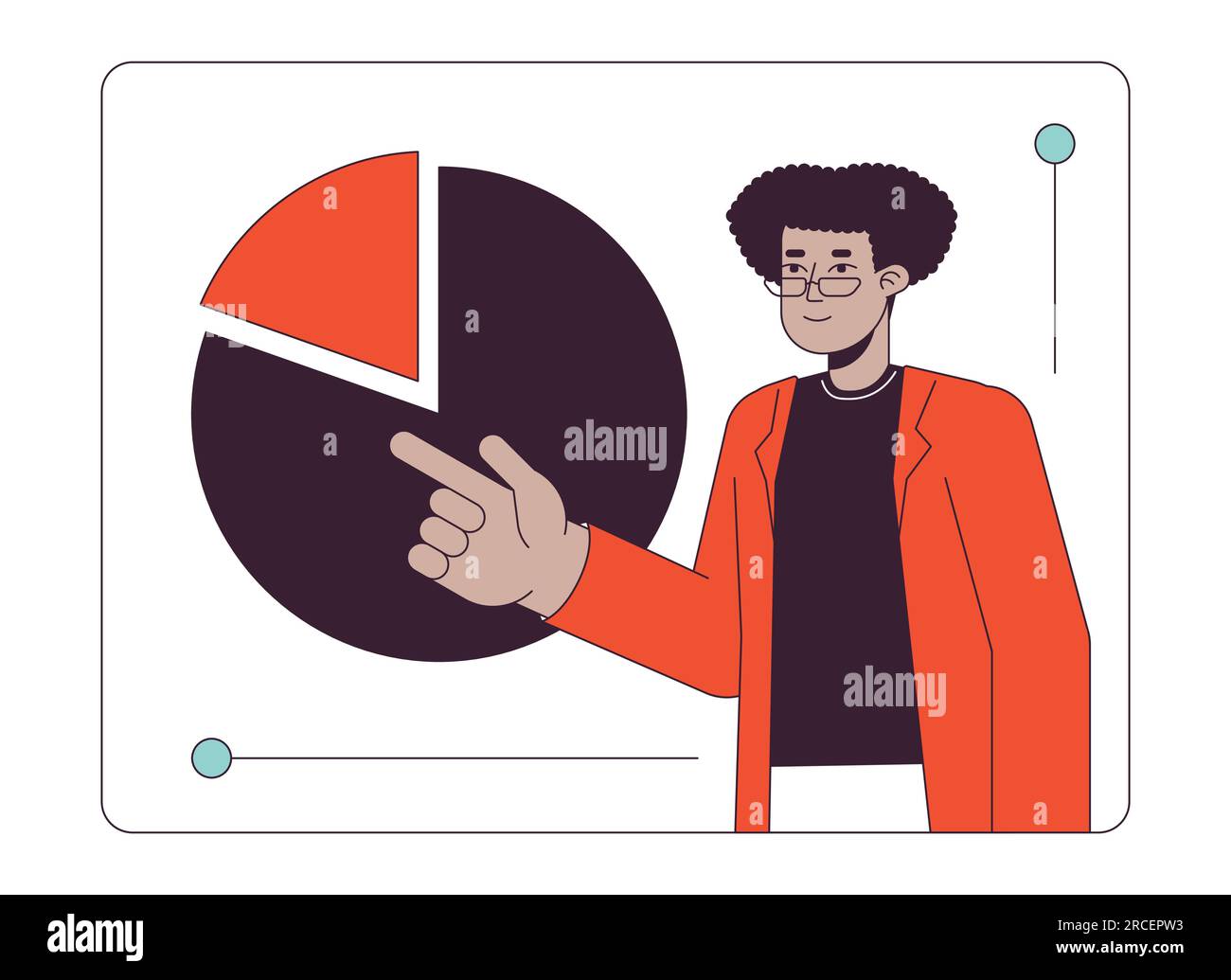 Eyeglasses latino man with pie chart flat line concept vector spot ... Eyeglasses latino man with pie chart flat line concept vector spot ...
